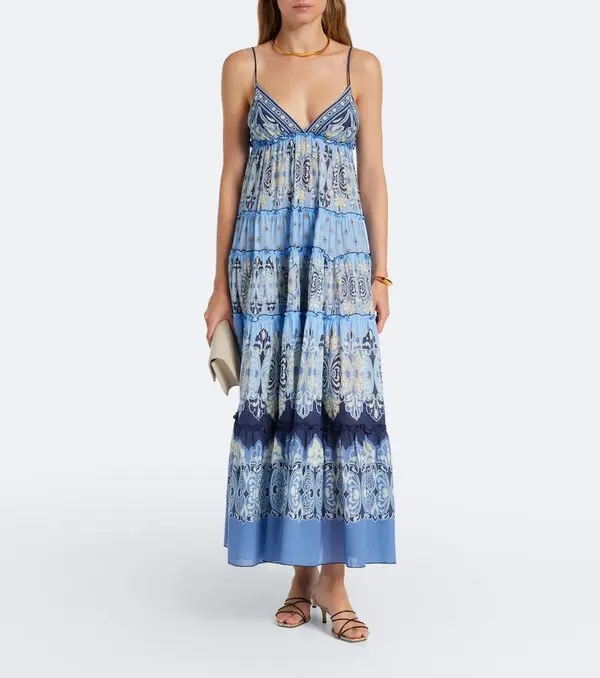 La DoubleJ Nymph Printed Tiered Cotton Maxi Dress - Blue