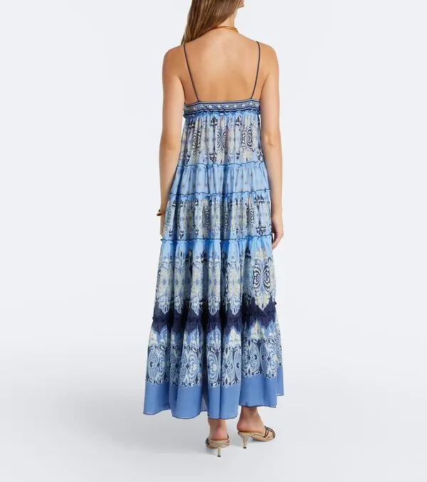La DoubleJ Nymph Printed Tiered Cotton Maxi Dress - Blue