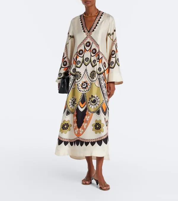 La DoubleJ Twin Flame Printed Silk Twill Midi Dress