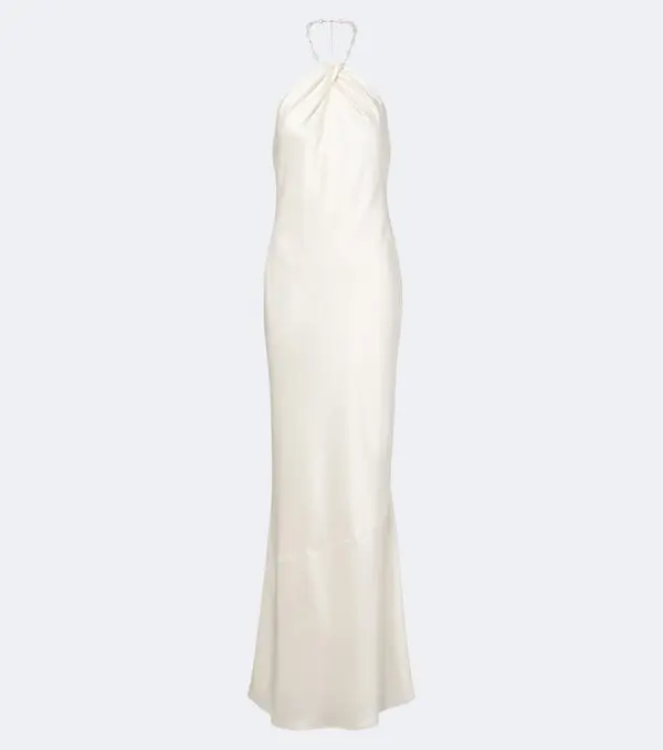 Retrofete Beaded Halterneck Satin Maxi Dress - White