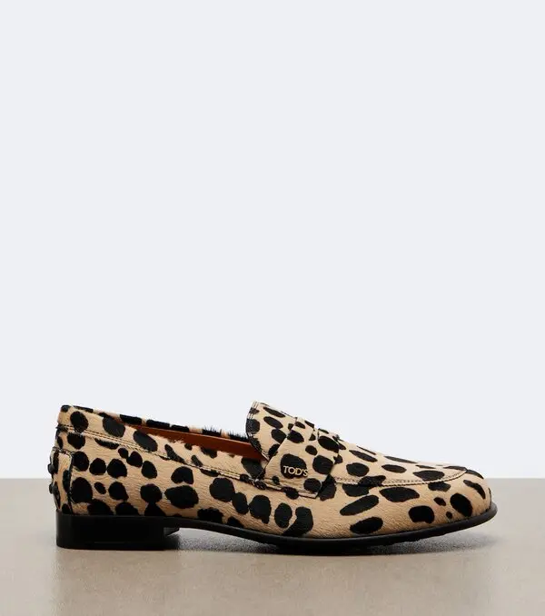 TOD'S Gommino Leopard Print Calf Hair Driving Shoes - Beige