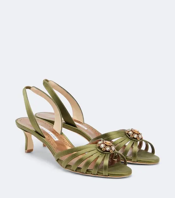 Manolo Blahnik Embellished Satin Slingback Sandals - Green