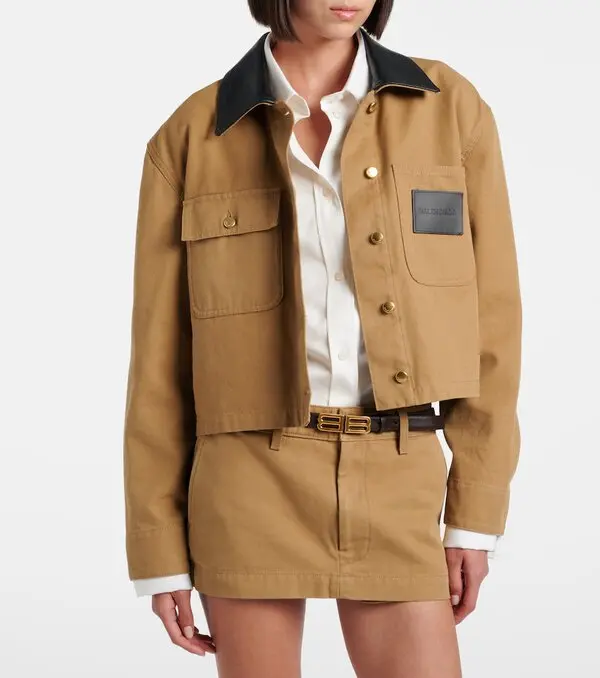 Balenciaga Cropped Cotton Jacket With Leather Trim - Beige