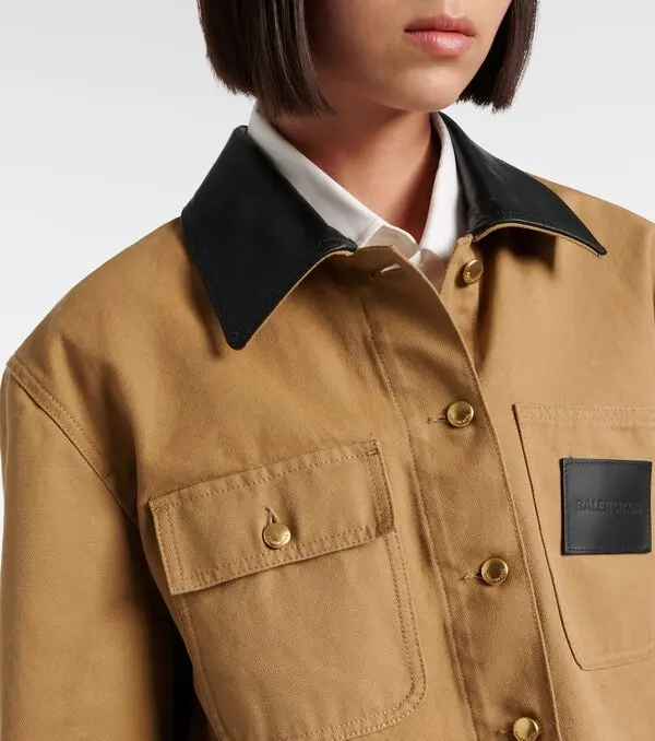 Balenciaga Cropped Cotton Jacket With Leather Trim - Beige
