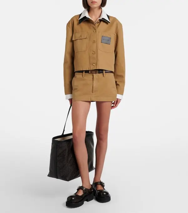 Balenciaga Cropped Cotton Jacket With Leather Trim - Beige