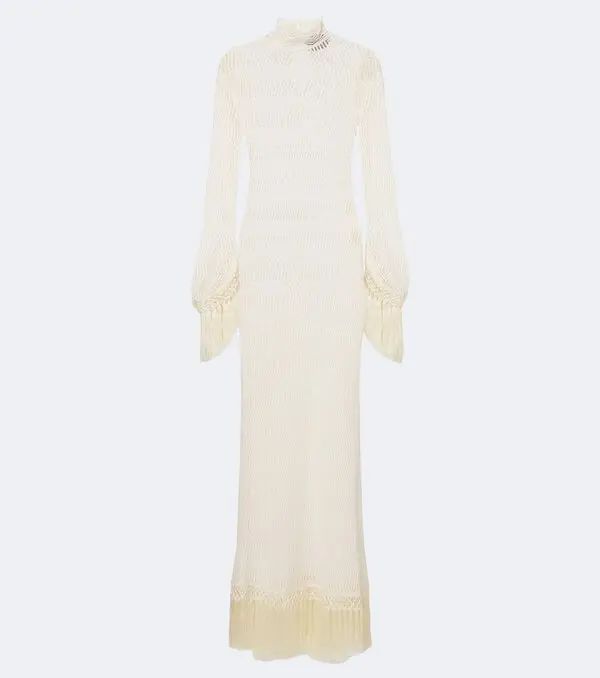 TALLER MARMO Ivory Cotton Maxi Dress With Fringe - White