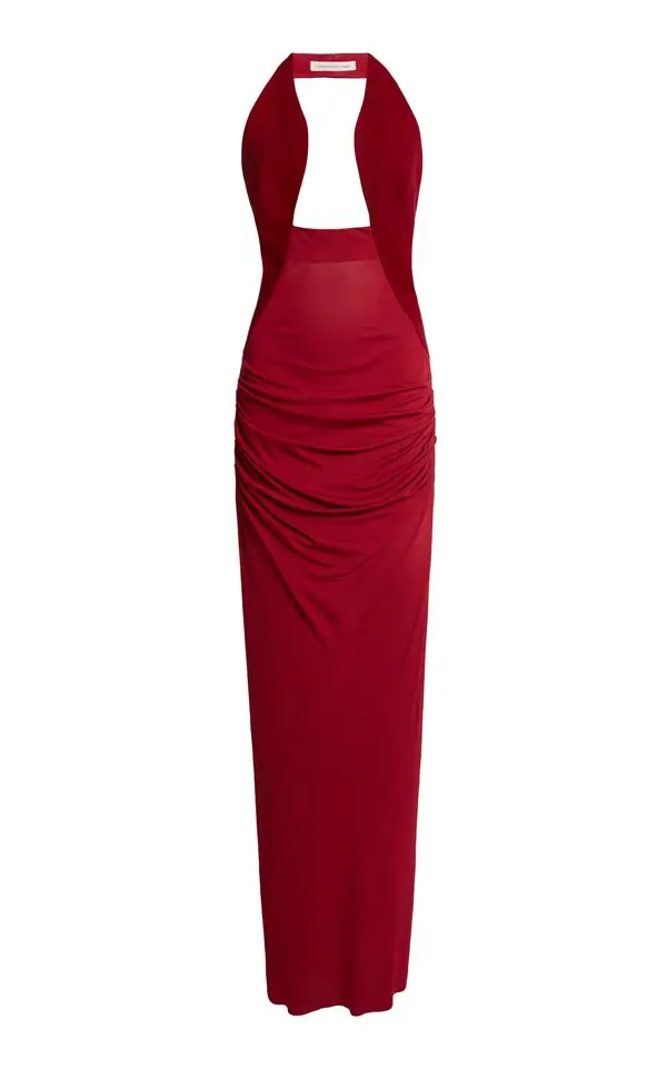 Christopher Esber Tailored Slope Suede Halter Maxi Dress
