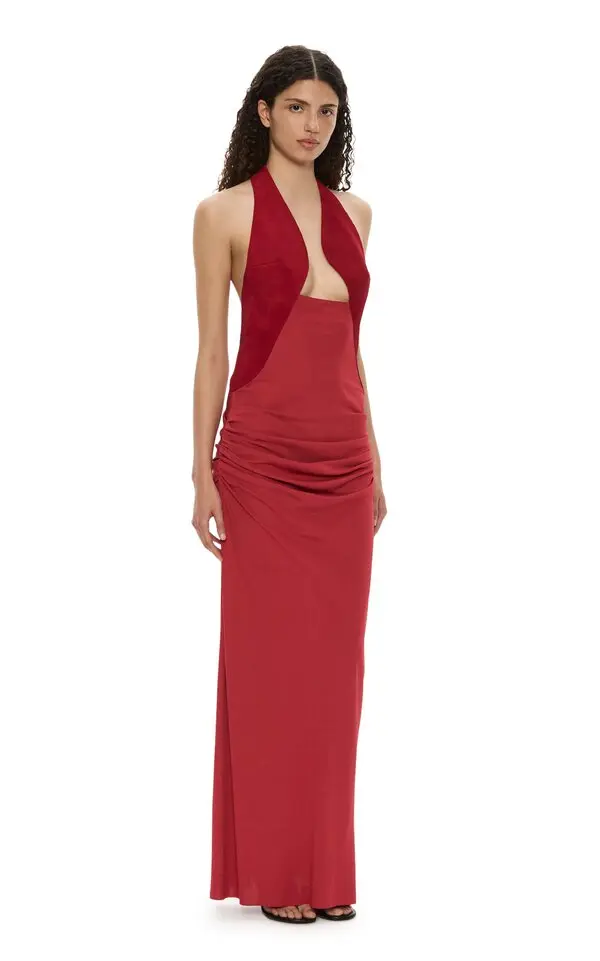 Christopher Esber Tailored Slope Suede Halter Maxi Dress