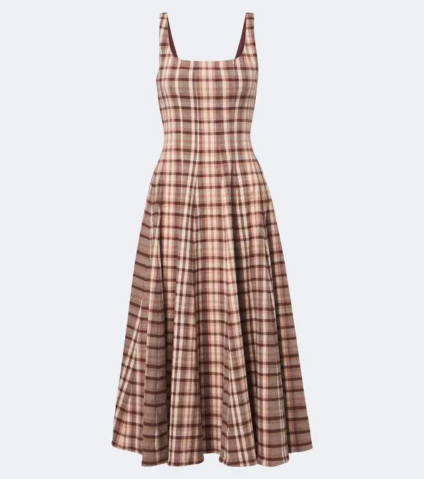Staud Wells Checked Linen-blend Midi Dress - Brown