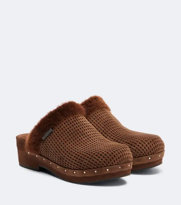 Brunello Cucinelli Monili Suede Shearling Clogs