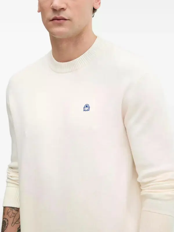 BENETTON Logo Embroidered Ribbed Trim Sweater - Neutrals