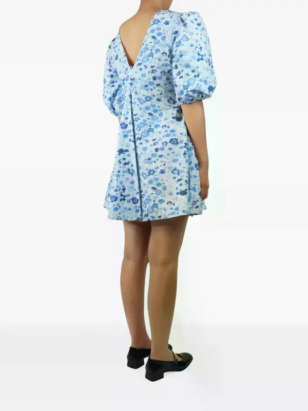 GANNI Floral Print Puff Sleeve Mini Dress