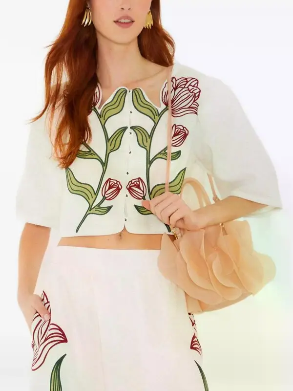 Farm Rio Embroidered Puff-sleeve Top - White