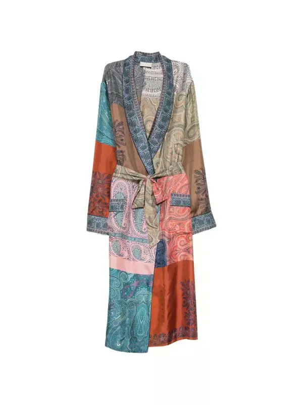 PIERRE-LOUIS MASCIA Paisley-print Patchwork Belted Silk Coat - Blue