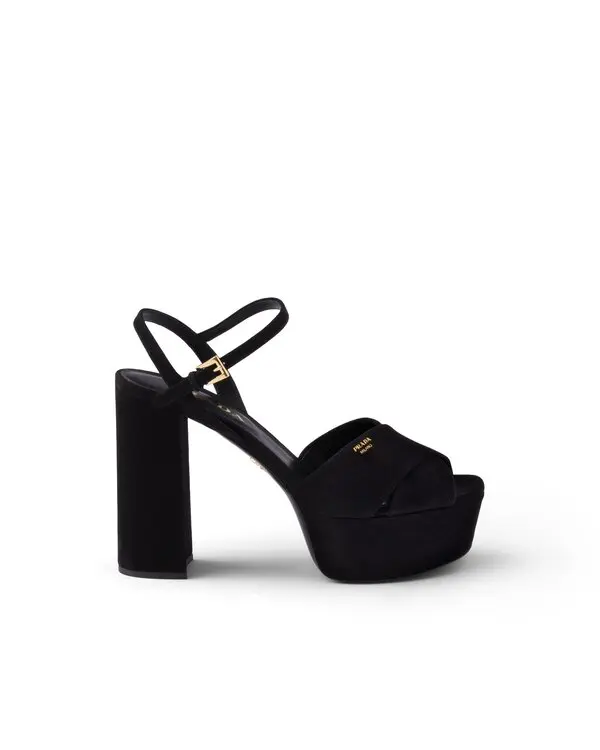 Prada Suede Platform Sandals With Ankle Strap And Logo Buckle - Black