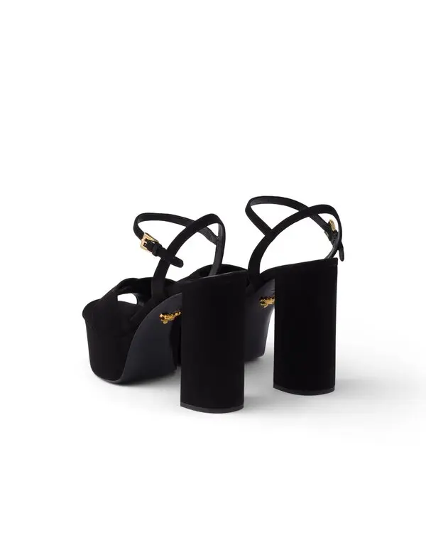 Prada Suede Platform Sandals With Ankle Strap And Logo Buckle - Black