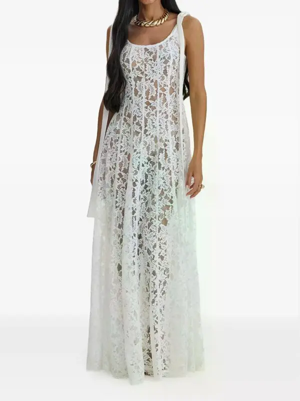 MOOS STUDIO Whisper Lace Tie-fastening Maxi Gown - White