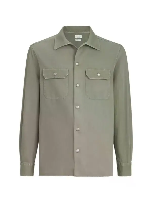 Brunello Cucinelli Garment-dyed Overshirt In Cotton Gabardine With Spread Collar And Chest Pockets - Green
