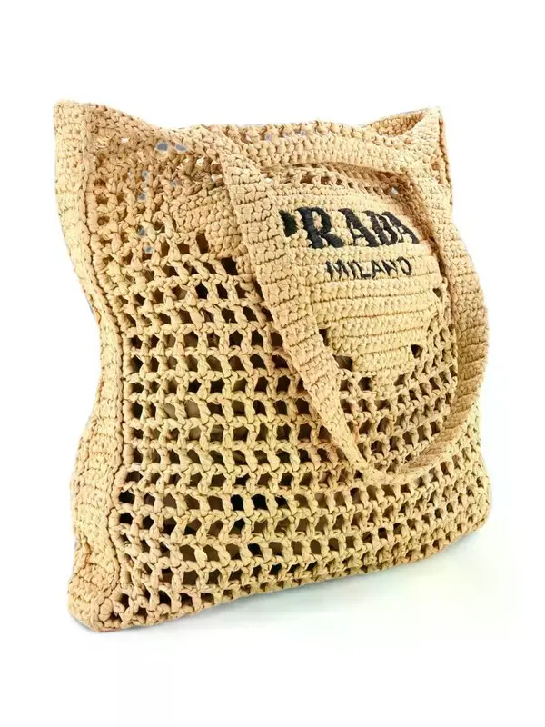 Prada Triangle Logo Open Raffia Tote Bag