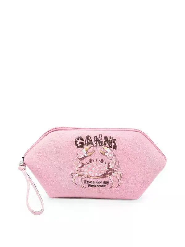 GANNI Crab-embroidery Terry-cloth Bikini Pouch - Pink