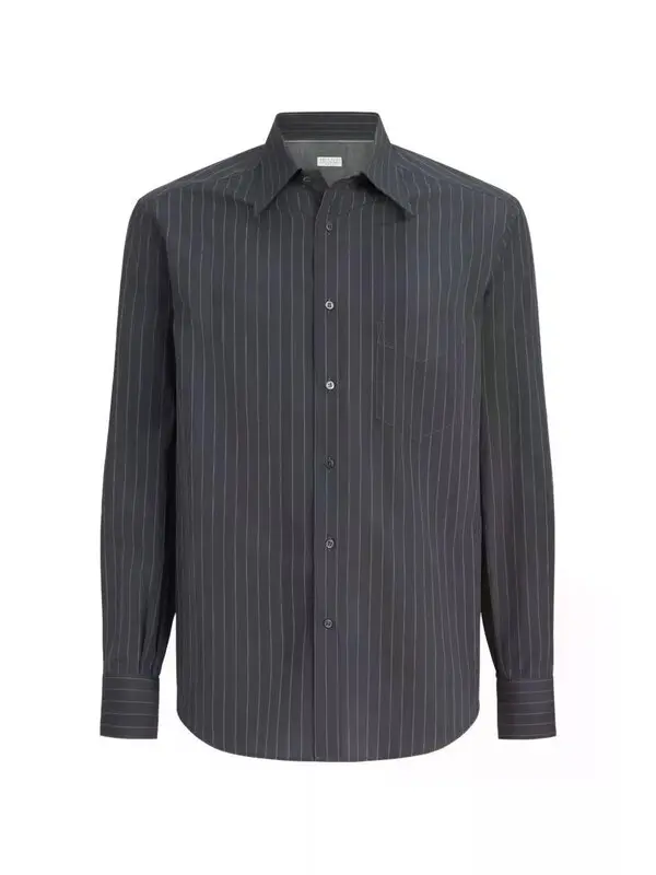 Brunello Cucinelli Double Pinstripe Cotton Overshirt With Italian Collar And Chest Pocket - Grey