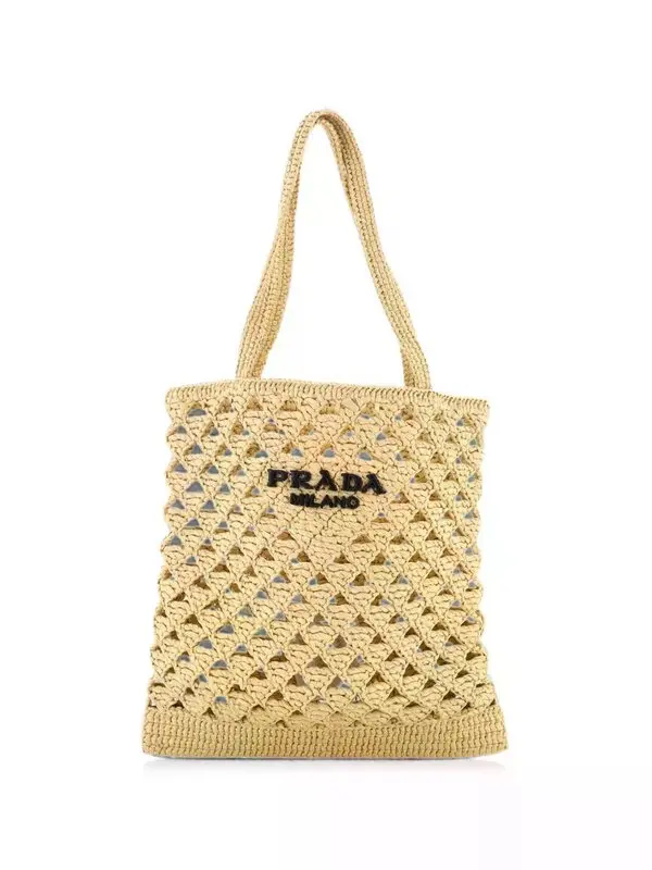 Prada Triangle Logo Raffia Crochet Small Tote Bag