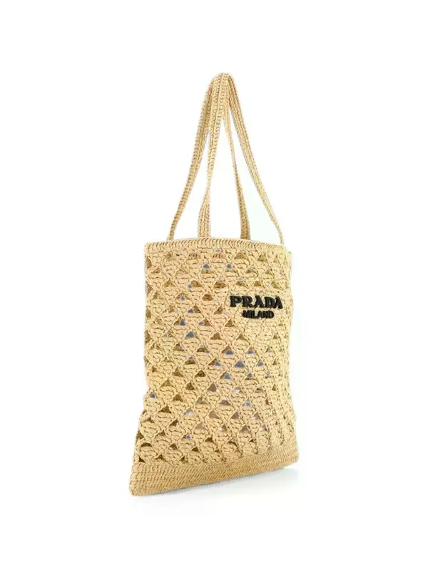 Prada Triangle Logo Raffia Crochet Small Tote Bag
