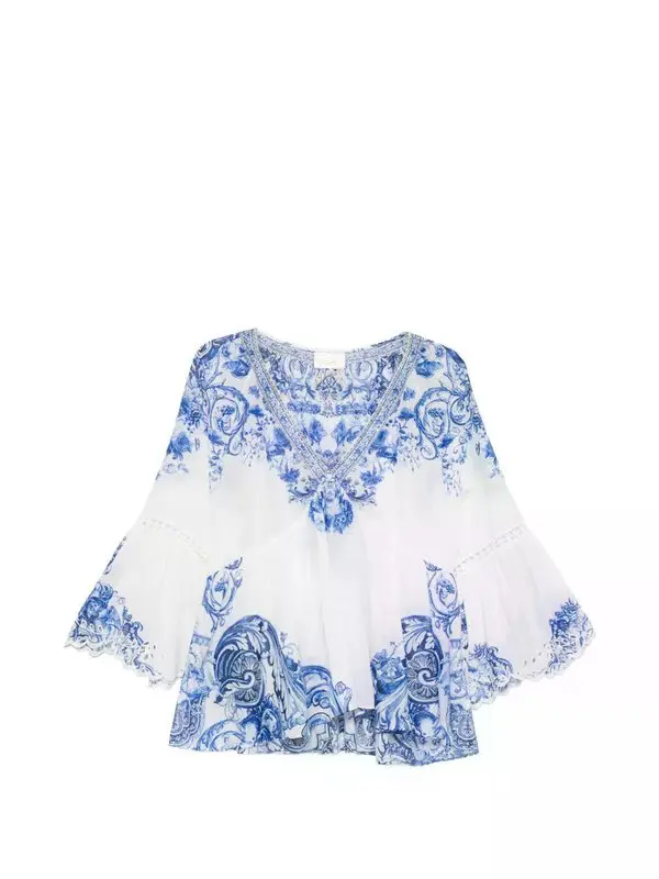 Camilla Silk Floral Print V-neck Blouse - White