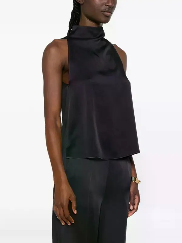 FORTE_FORTE High-neck Sleeveless Satin Blouse - Blue