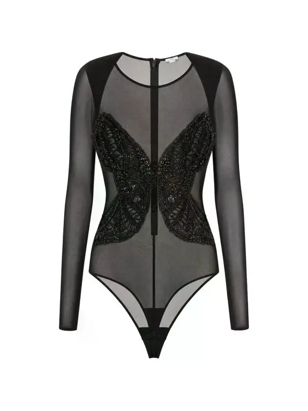 Elisabetta Franchi Sheer Butterfly Patch Bodysuit - Black