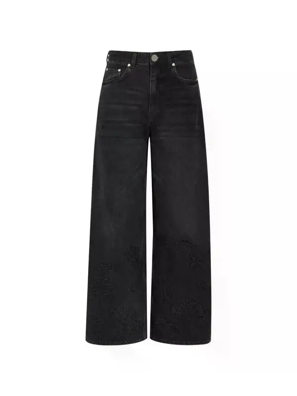 GANNI Floral-embroidered Wide-leg Jeans - Black