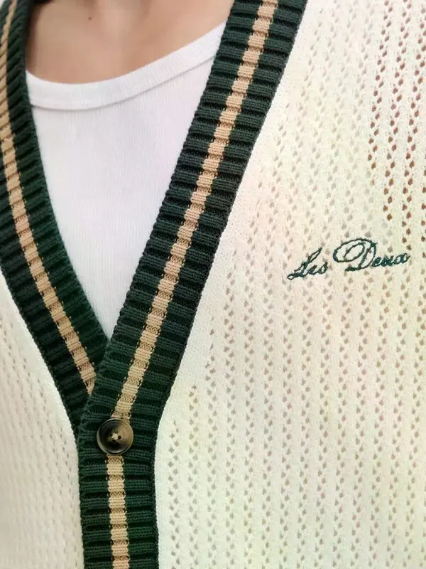 LES DEUX Logo-embroidered Striped-trim Cardigan