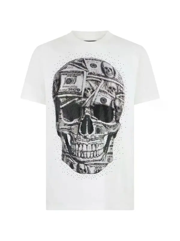 Philipp Plein Jersey Round-neck T-shirt Skull Dollar Stones - White