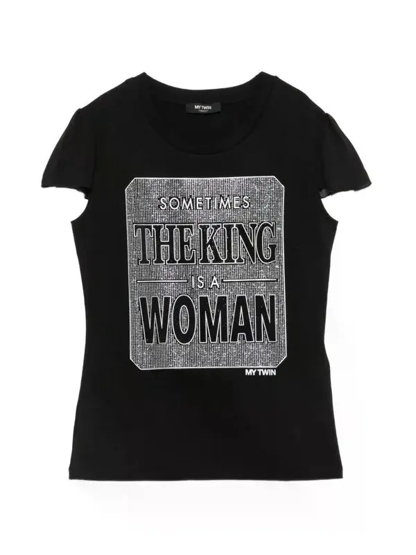 MY TWIN Slogan-print Flutter-sleeve Cotton T-shirt