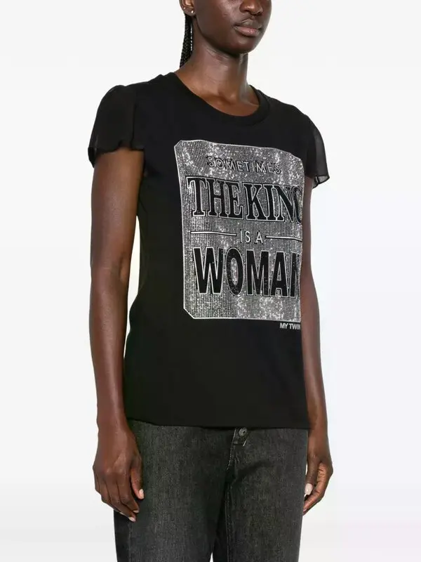 MY TWIN Slogan-print Flutter-sleeve Cotton T-shirt