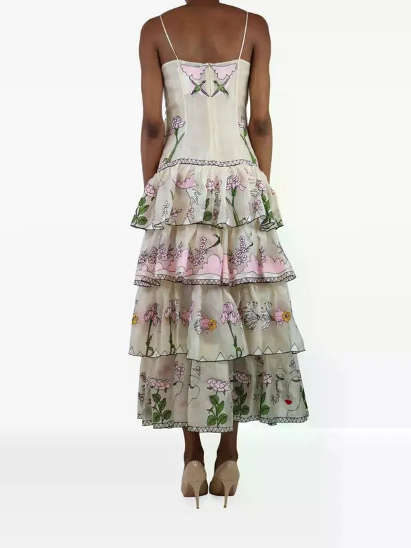 Vivetta Cream Floral-embroidered Tiered Midi Dress