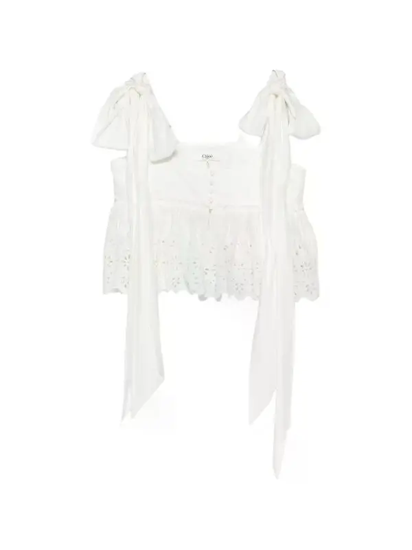 Chloé Broderie Anglaise Tie-fastening Top - White