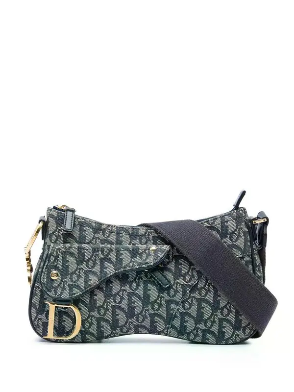 Dior 2004 Diorissimo Trotter Canvas Double Saddle Crossbody Bag - Blue