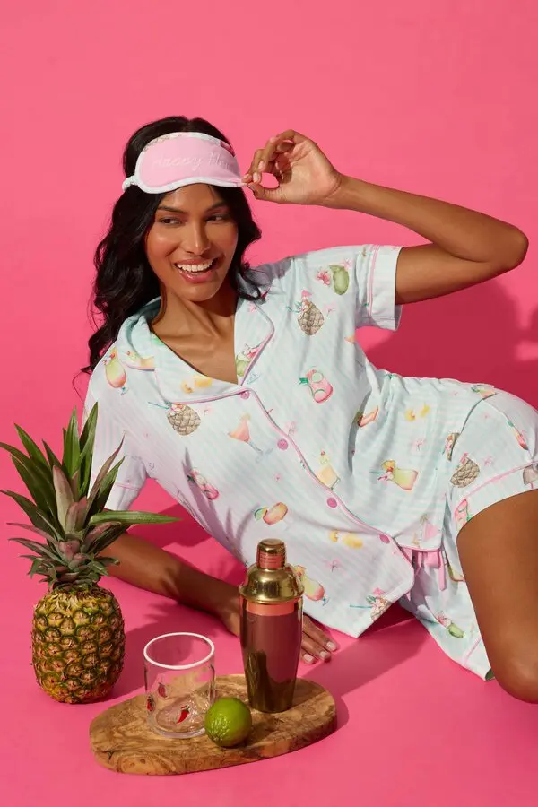 PJ Salvage It's Five O'clock Somewhere Cocktail Print 3-piece Pajama Set - Light Aqua