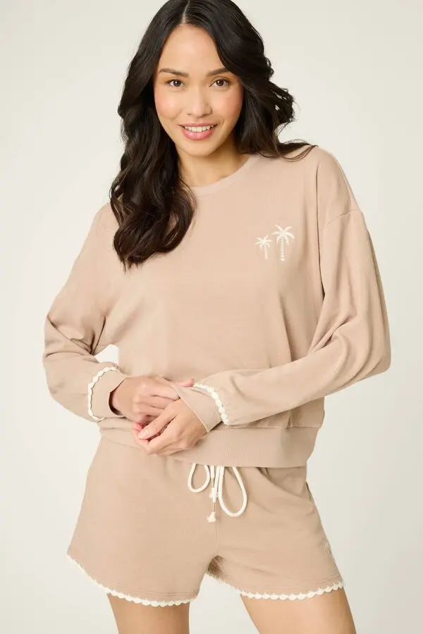 PJ Salvage Palms Away Warm Taupe Long Sleeve Top