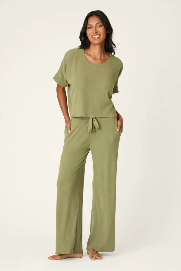 PJ Salvage Soft Olive Rib Knit Lounge Pajama Set - H Dark Olive