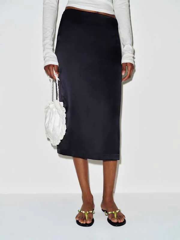 REFORMATION Helen Low Waist Silk Midi Skirt - Black