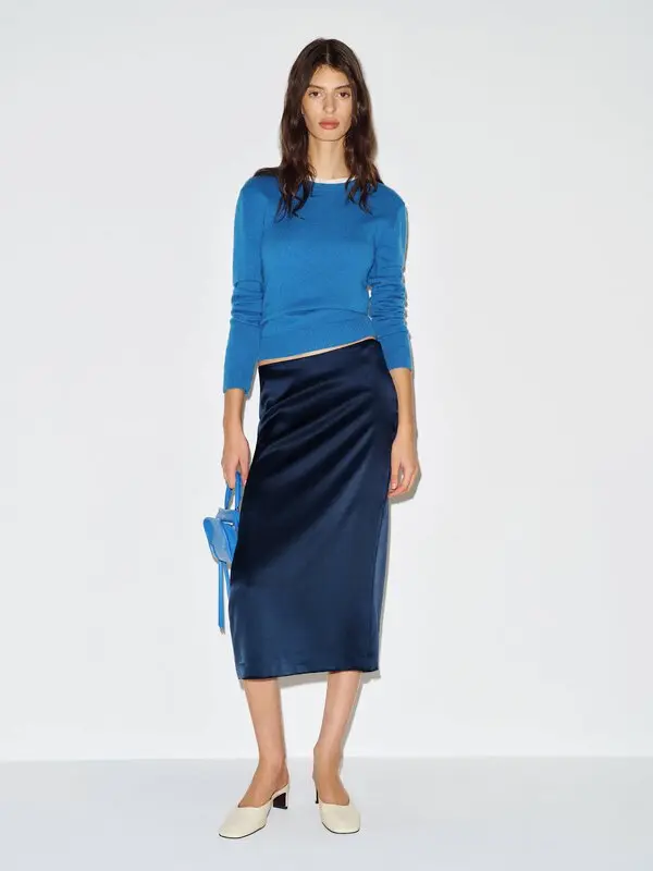 REFORMATION Helen Low Waist Silk Midi Skirt - Blue