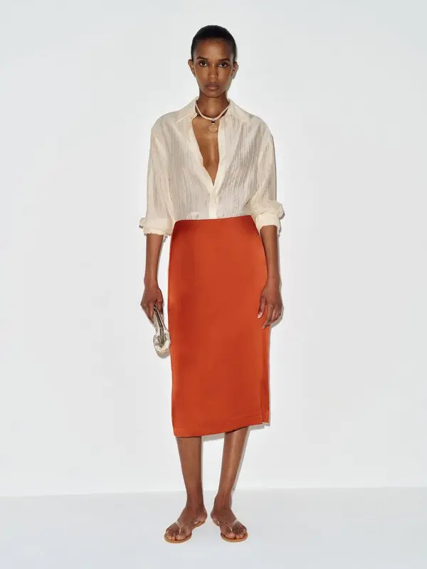 REFORMATION Helen Low Waist Silk Midi Skirt - Red