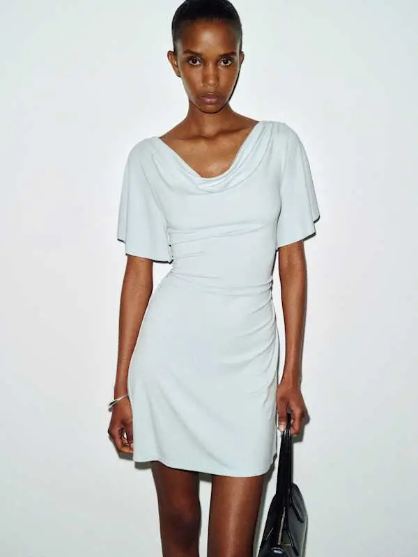 REFORMATION Nina Knit Mini Dress With Cowl Neckline And Flutter Sleeves - Blue