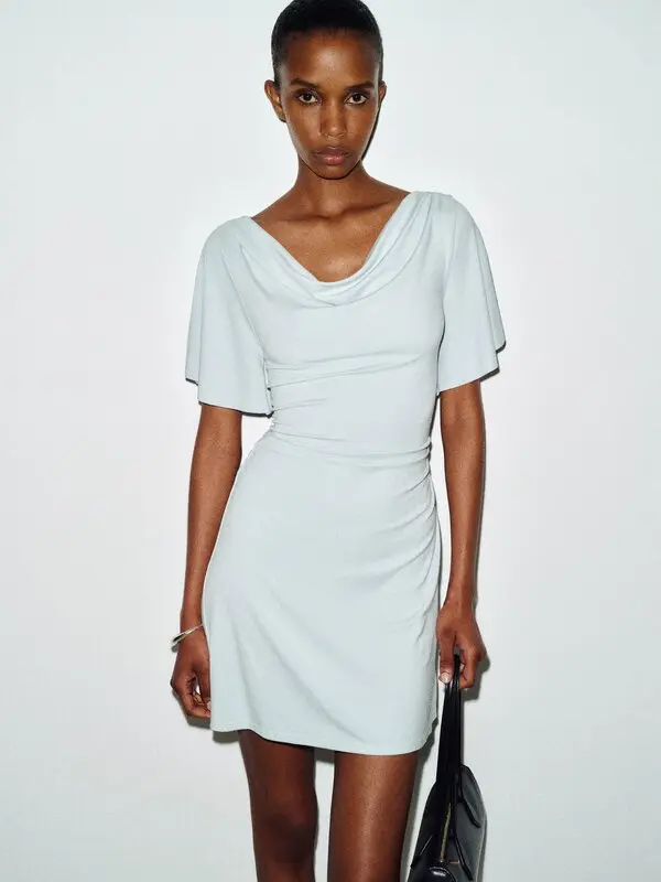 REFORMATION Nina Knit Mini Dress With Cowl Neckline And Flutter Sleeves - Blue