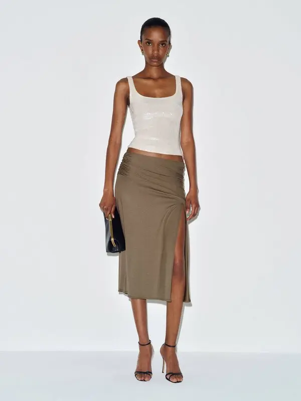 REFORMATION Sadie Knit Skirt With Side Slit And Ruching