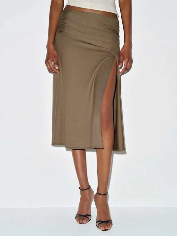 REFORMATION Sadie Knit Skirt With Side Slit And Ruching
