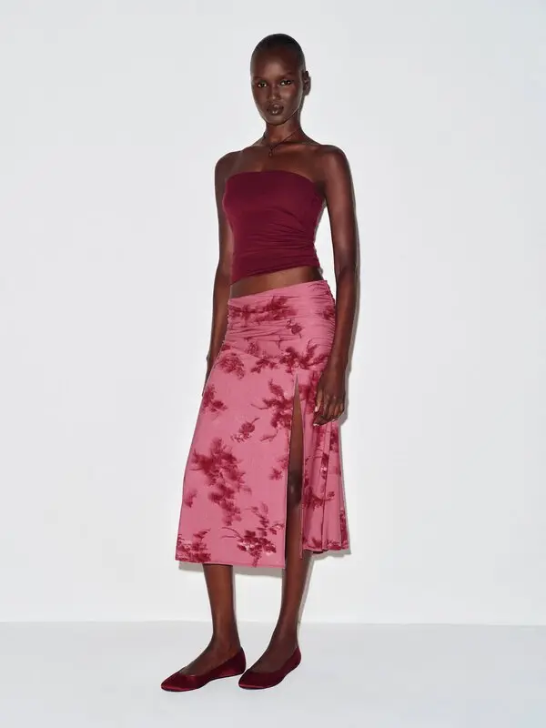 REFORMATION Sadie Knit Skirt With Side Slit And Ruching - Pink