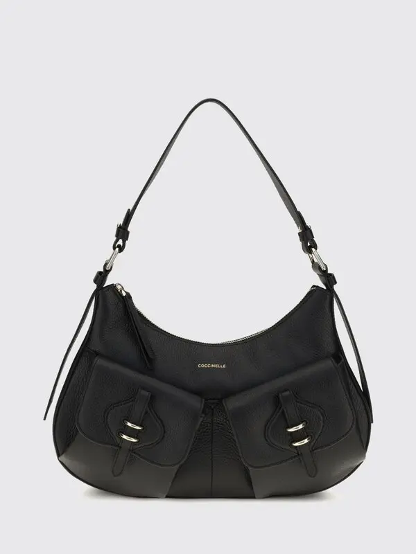 COCCINELLE Textured Leather Shoulder Bag With Buckled Pockets - Black